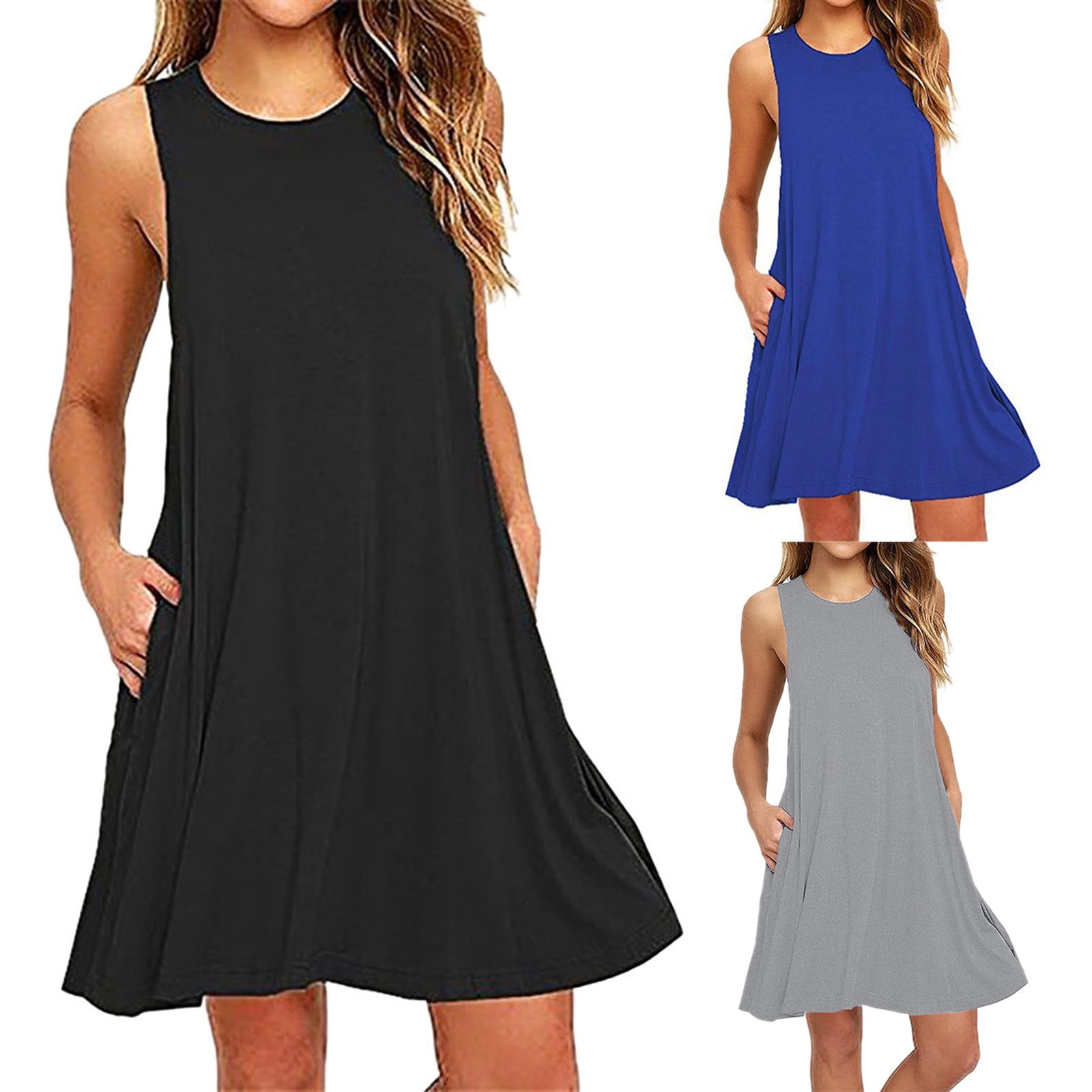 pstuiky Summer Dresses for Women, Women Dresses Round Neck Casual Solid ...