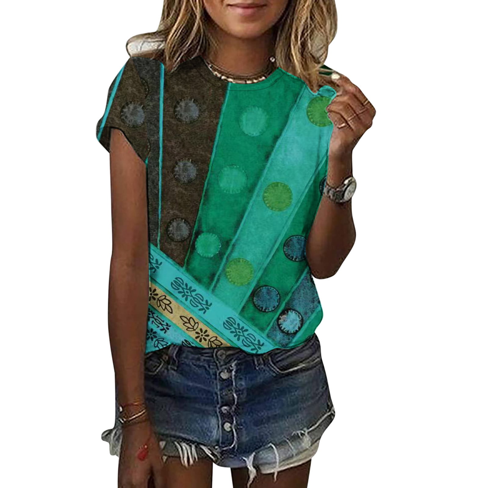 pstuiky Summer Tops, Women Fashion Casual Geometry Printed Short Sleeve ...