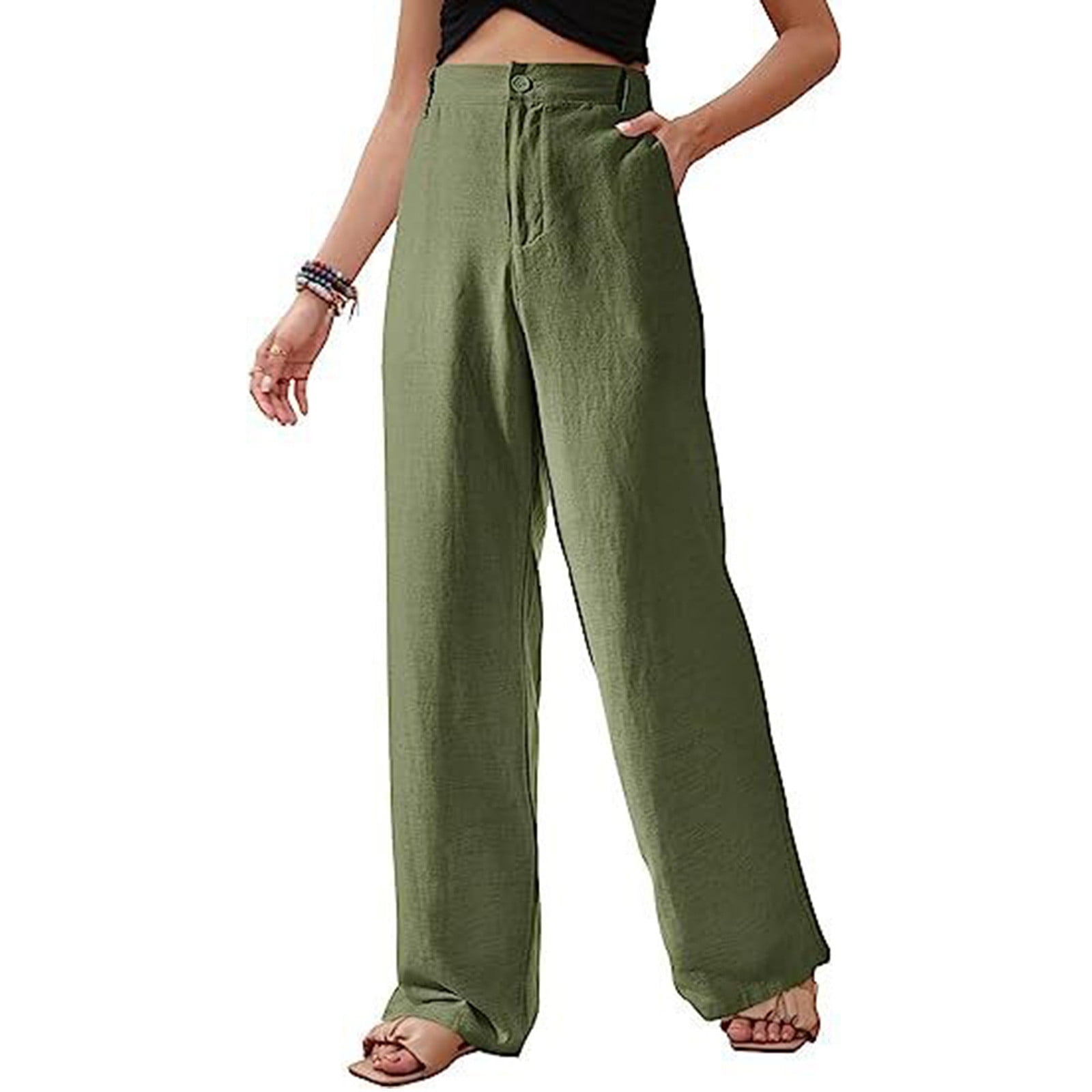 pstuiky Wide Leg Trousers Women, Cotton and Linen Solid Color Casual ...