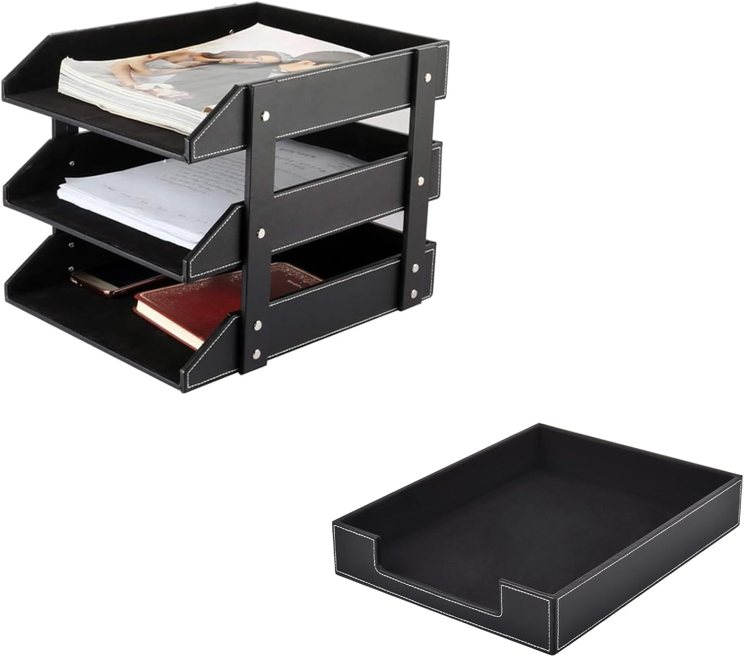 The pu Leather Single Letter Tray and Triple Stackable Tray Rack Black ...