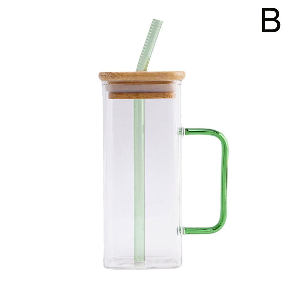 pulunto Square Mug with Bamboo Lid and Straw, 13.5oz Drinking Glass ...