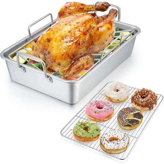 pupikeji 14" Roaster Roasting Pan with Baking Rack and V-shaped Rack ...