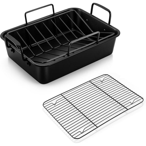 pupikeji 14" Roaster Roasting Pan with Baking Rack and V-shaped Rack ...