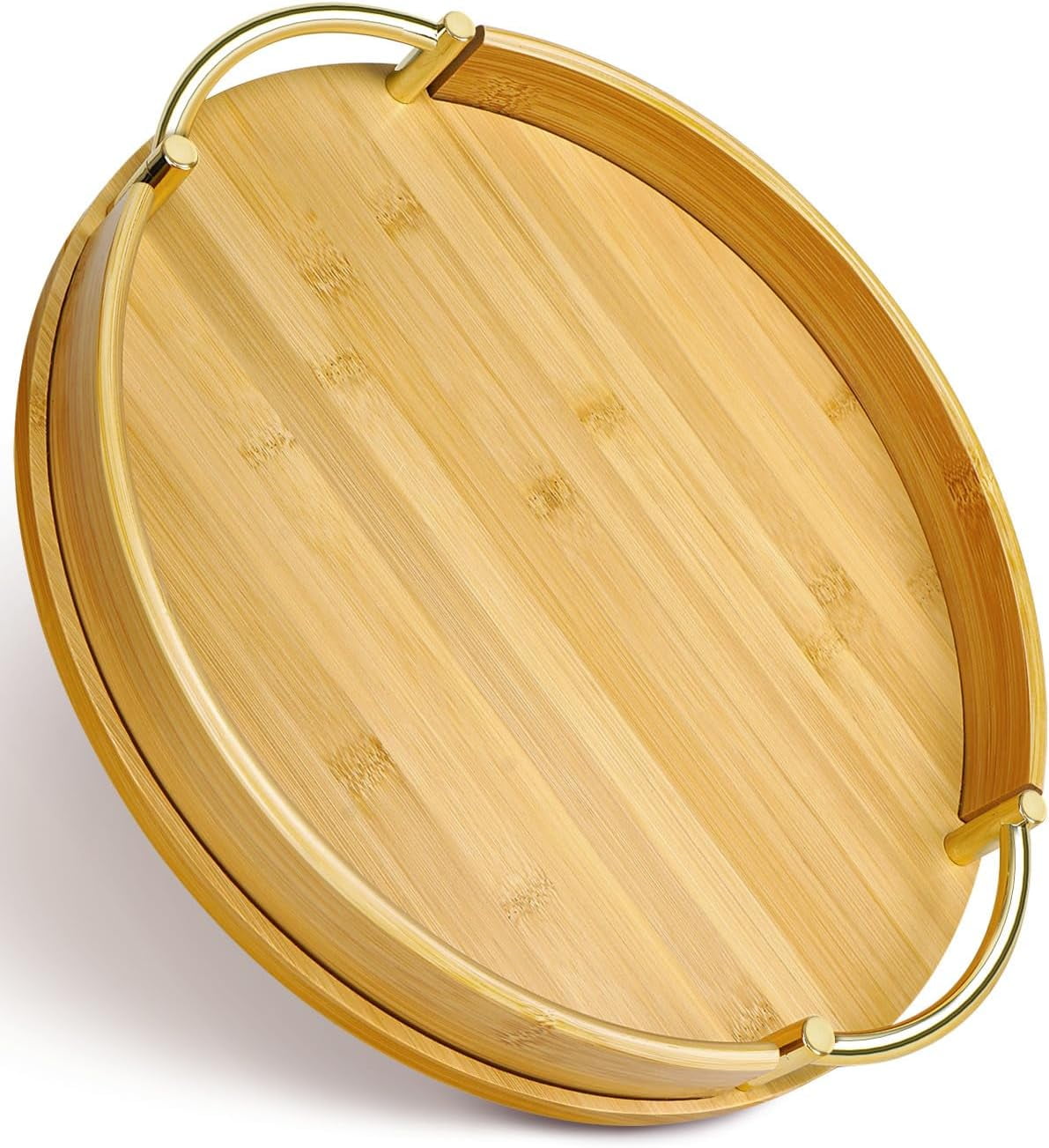 pupikeji 14″ Round Bamboo Serving Tray with Handles – Decorative Tray ...