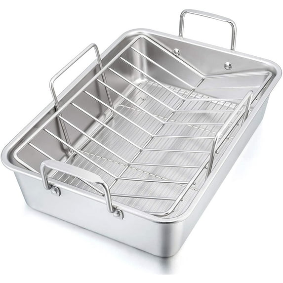 pupikeji 16" Roaster Roasting Pan with Baking Rack and V-shaped Rack ...