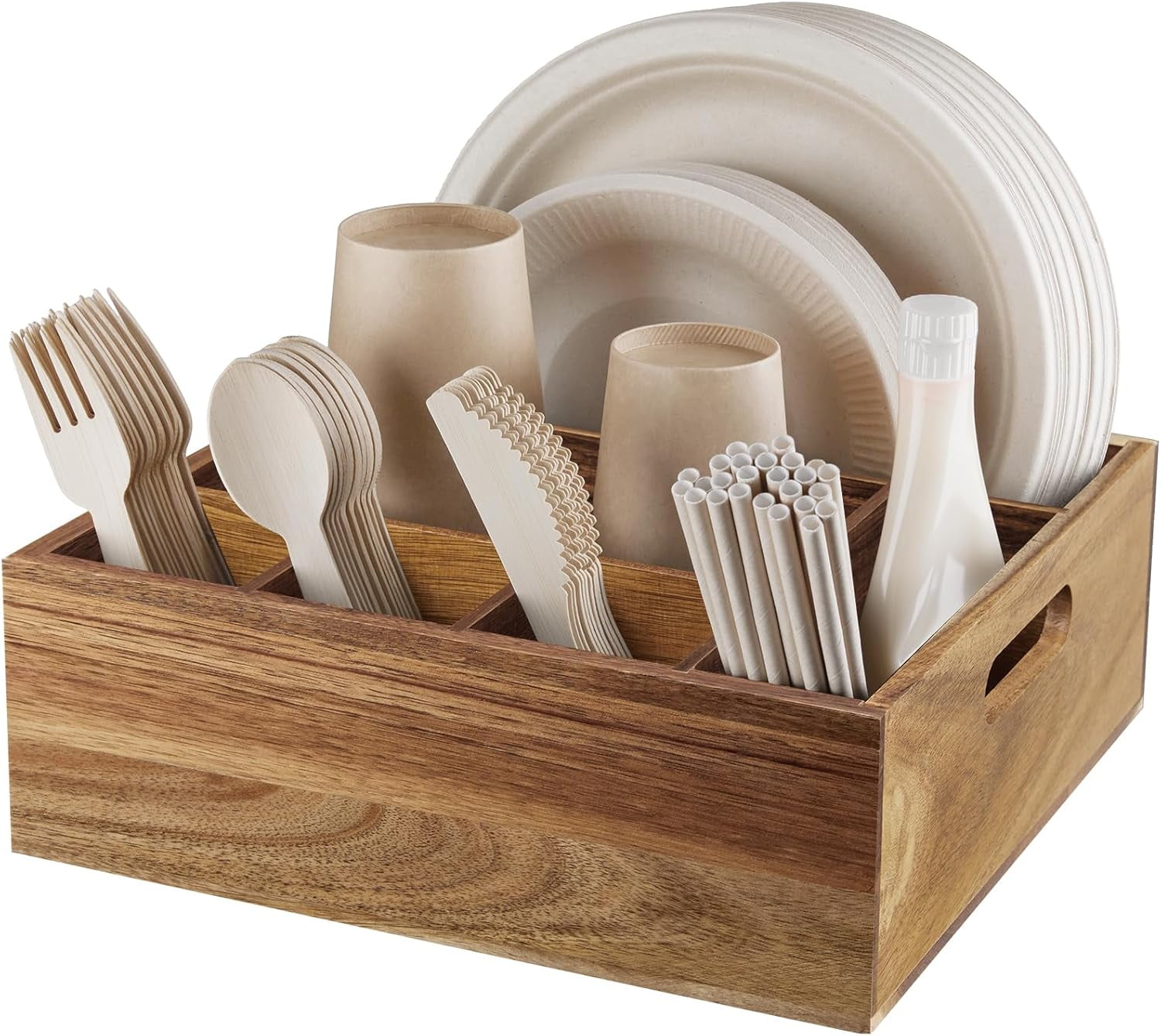 pupikeji Acacia Wood Utensil Holder for Party - Paper Plate Organizer ...