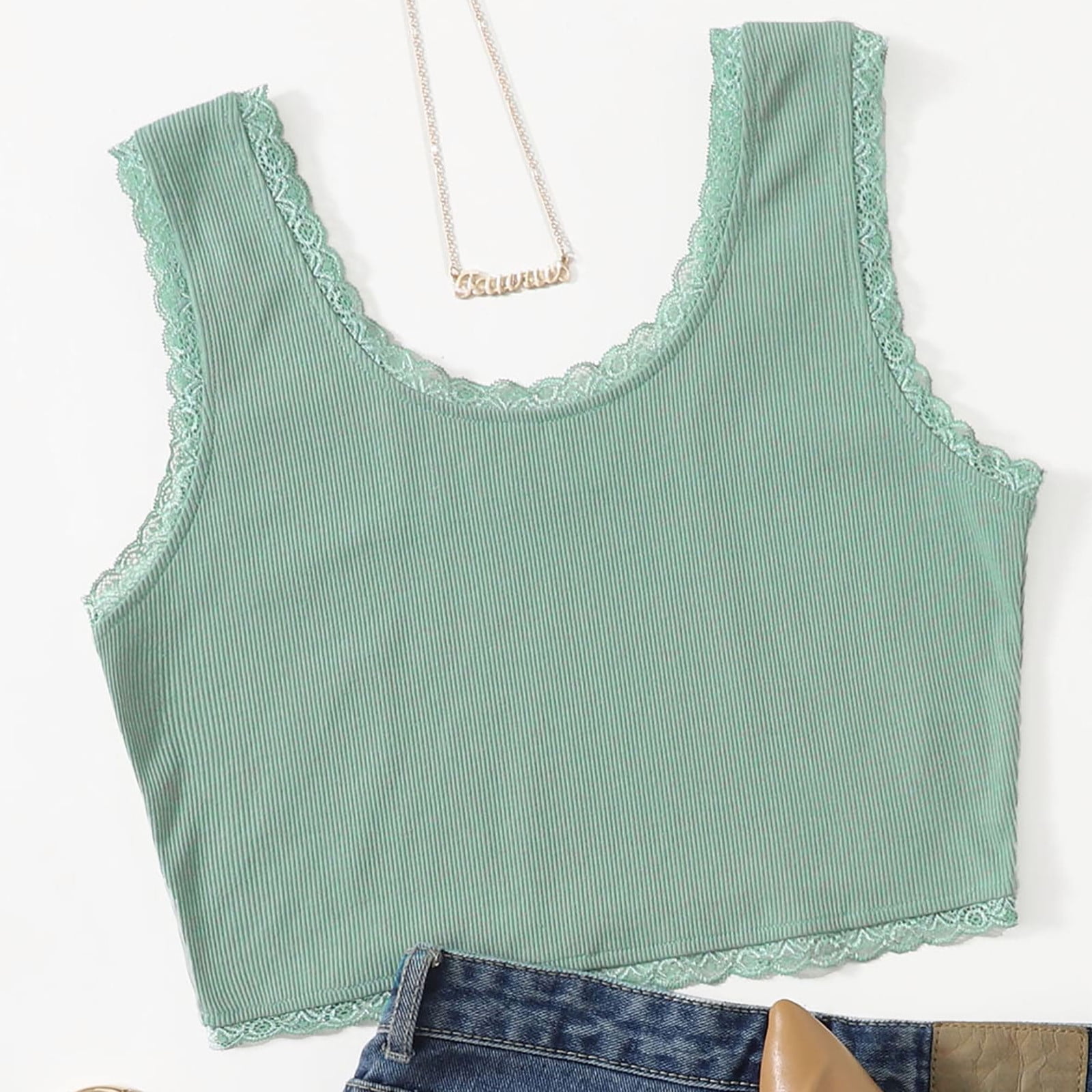 purcolt Crop Tops for Women, Casual Lace Trim Solid Color Tank Tops ...