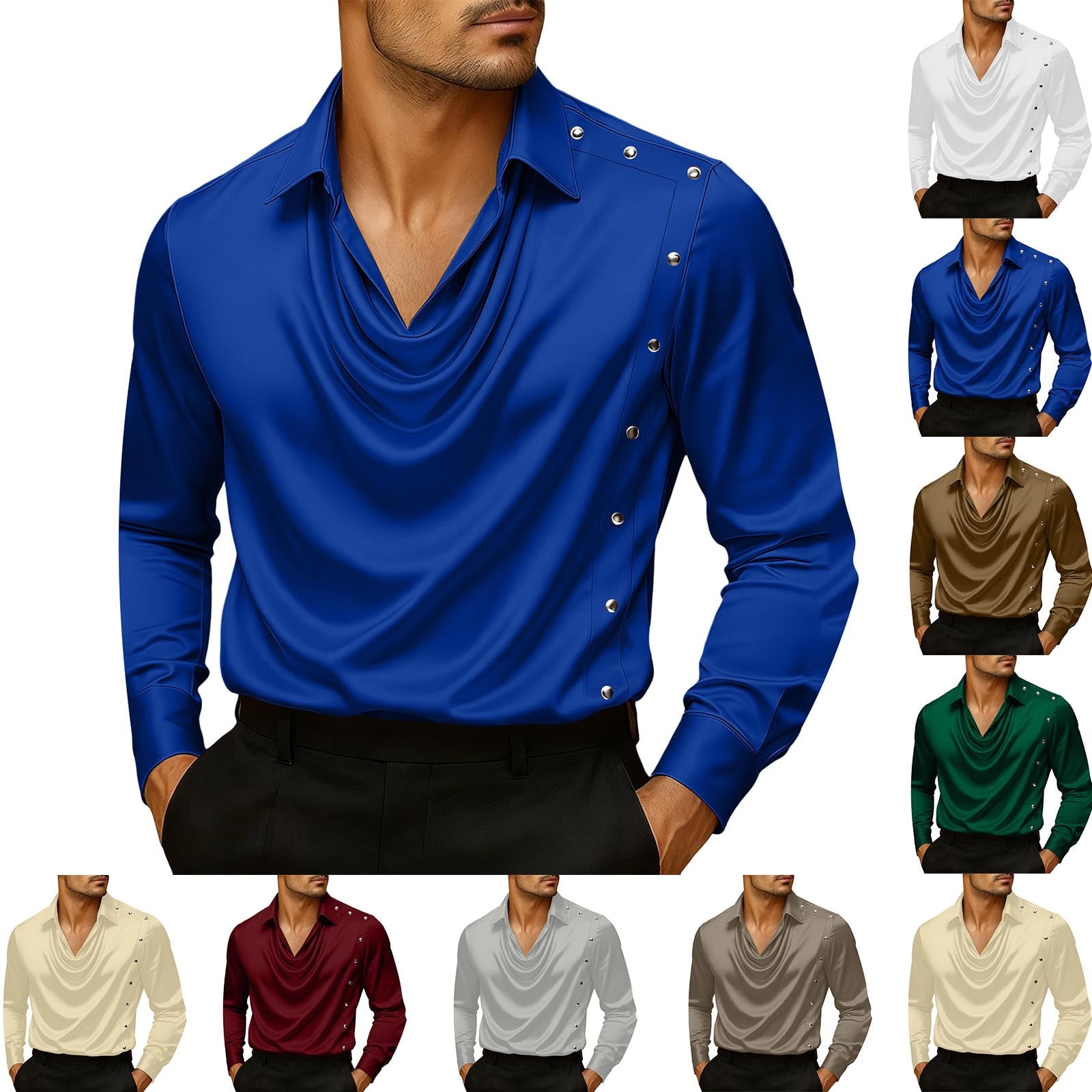 purcolt Mens Cowl Neck Draped Blouse Dressy Collared Long Sleeve Shirts ...