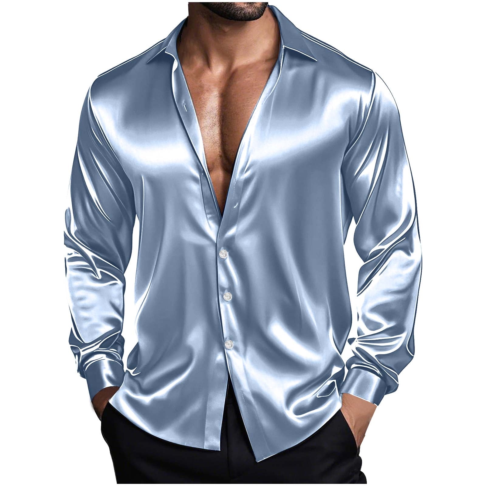 purcolt Mens Silk Satin Dress Shirts Long Sleeve Button Down Shirt ...