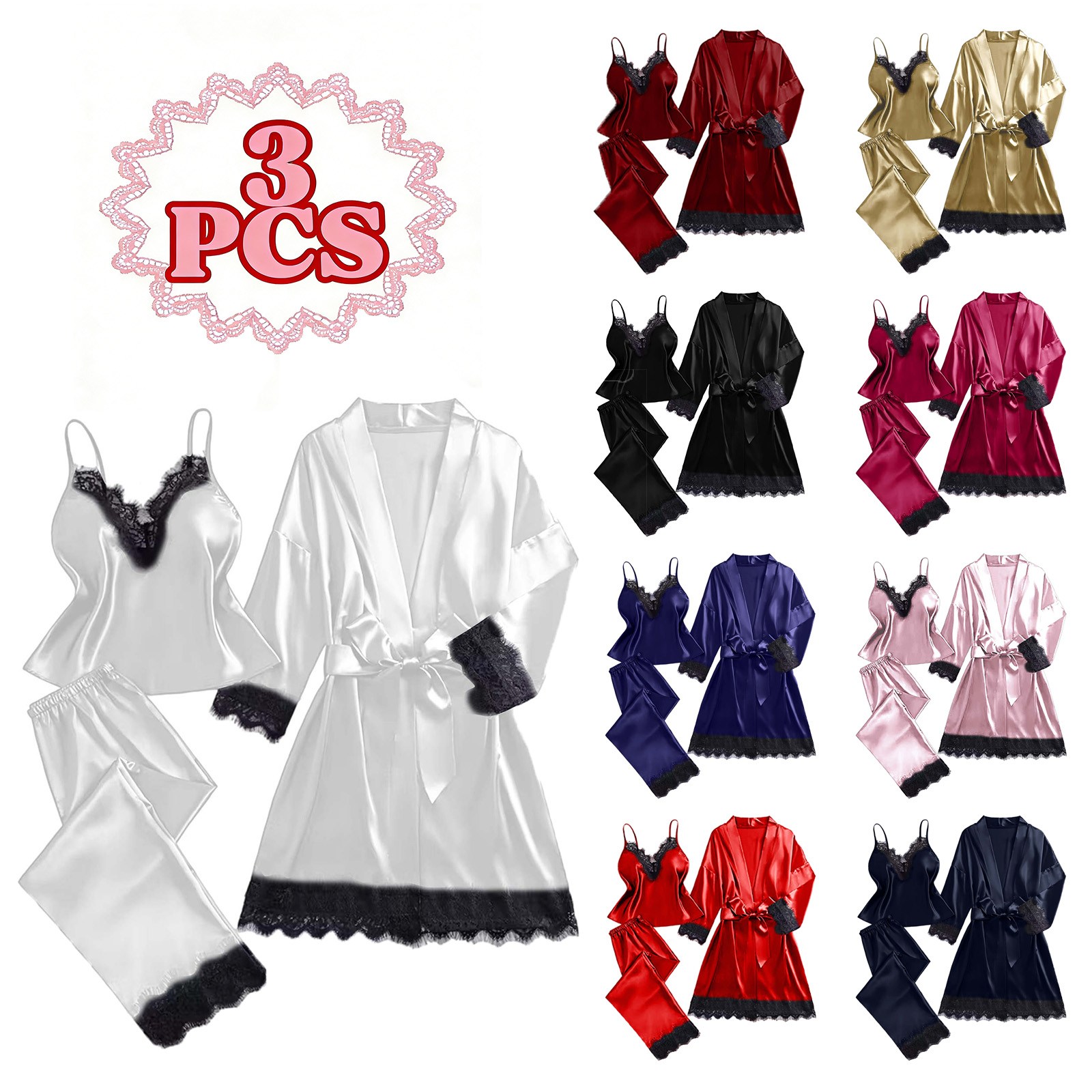 purcolt Silk Satin Pajamas for Women Set Long Sleeve Lounge Sets Soft 3 ...