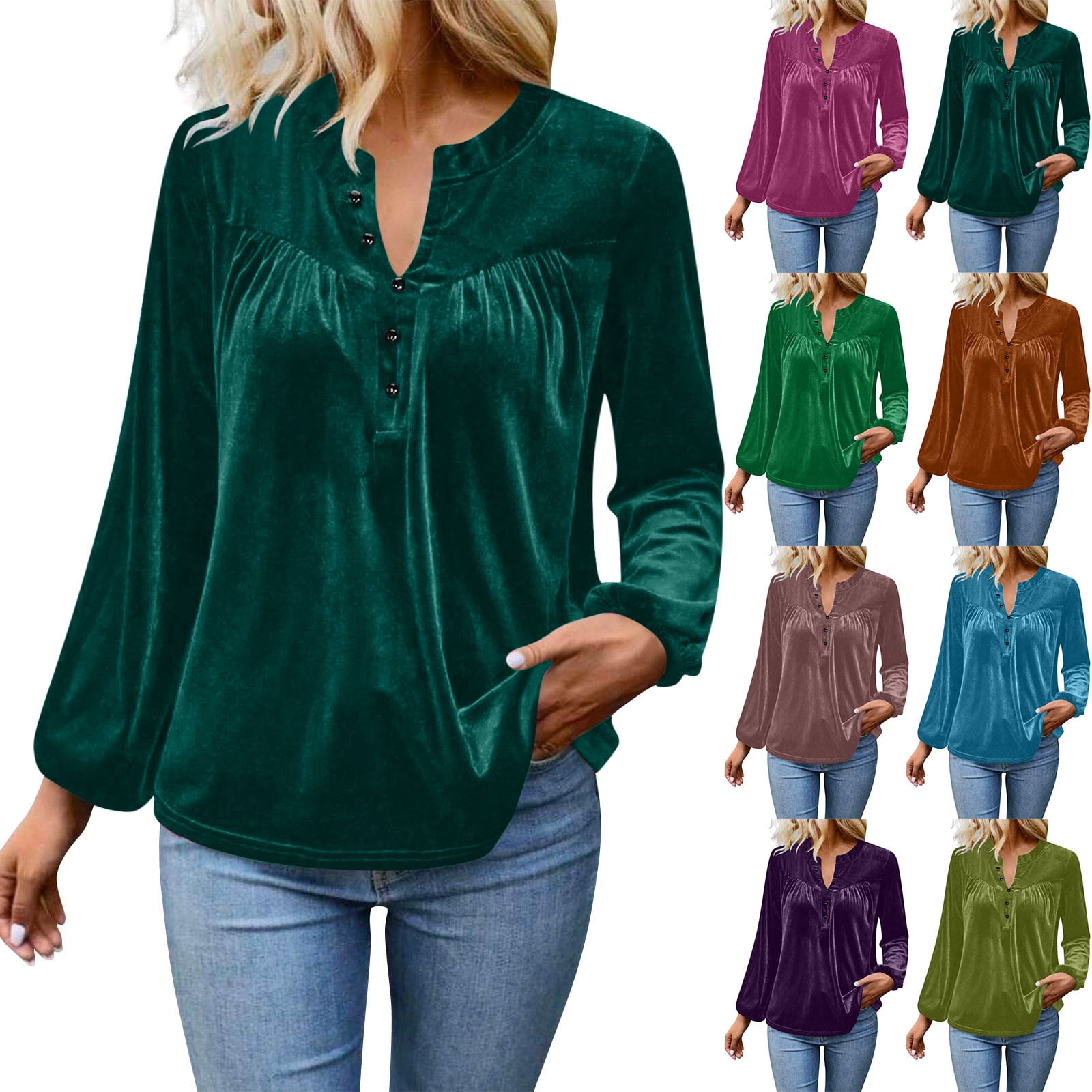 Purcolt Velvet Tops for Women Long Sleeve V Neck Button Down Lapel ...