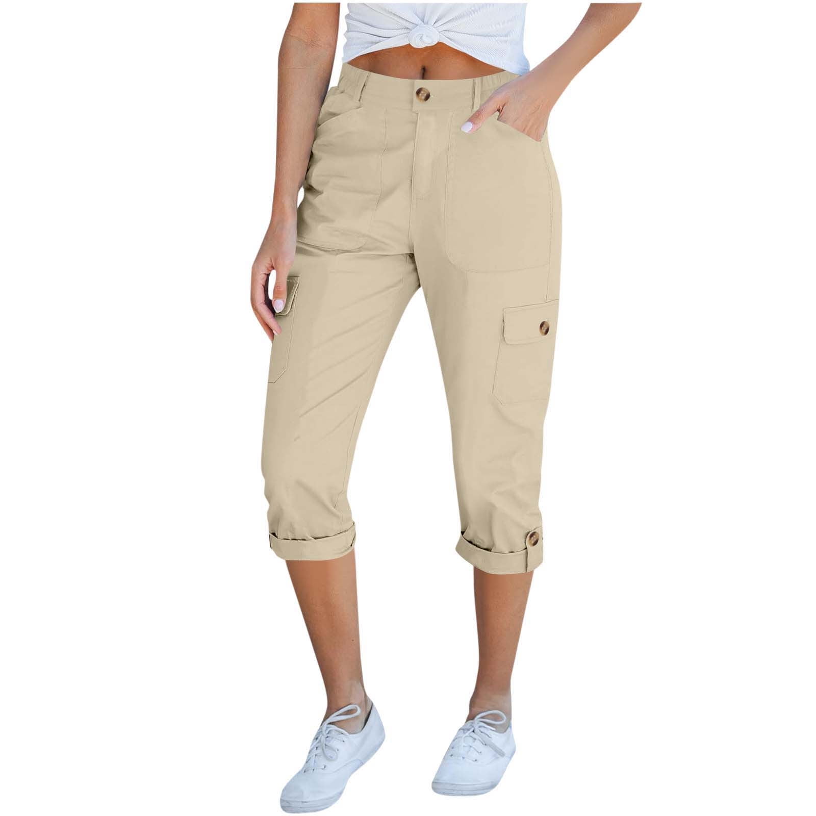 purcolt Women's Cargo Capri Pants with Pockets High Waisted Stretch Buttons Shorts Lightweight ...
