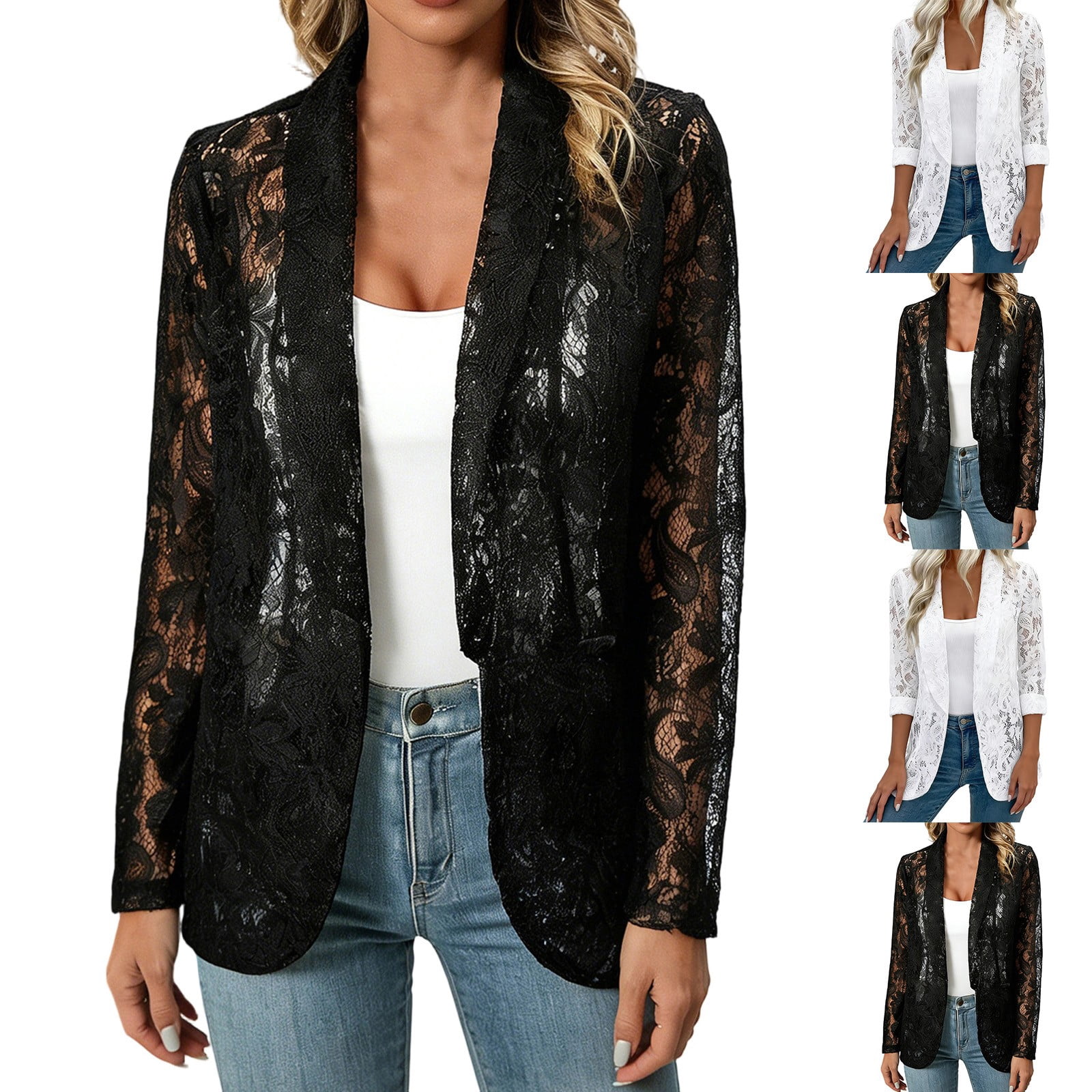 purcolt Women's Crochet Floral Lace Cardigan Blazer Long Sleeve Open ...