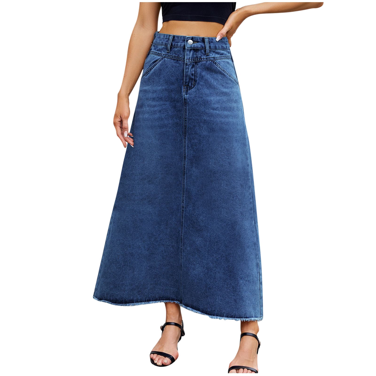 purcolt Women's Jean Skirts Trendy A Line Long Maxi Length Frayed Hem ...