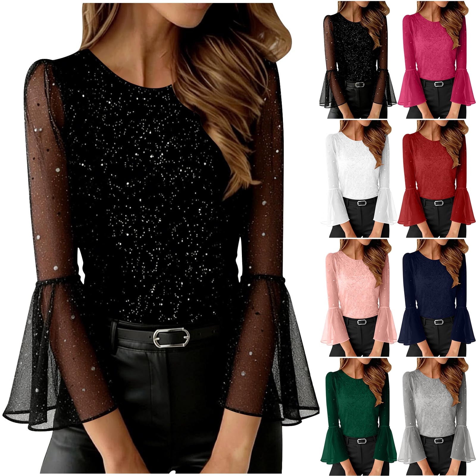 purcolt Women's Sparkly Shirts Mesh Bell Long Sleeve Crew Neck Ruched ...