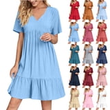 purcolt Women's Summer Dress Short Sleeve V-Neck Midi Tiered A-Line ...