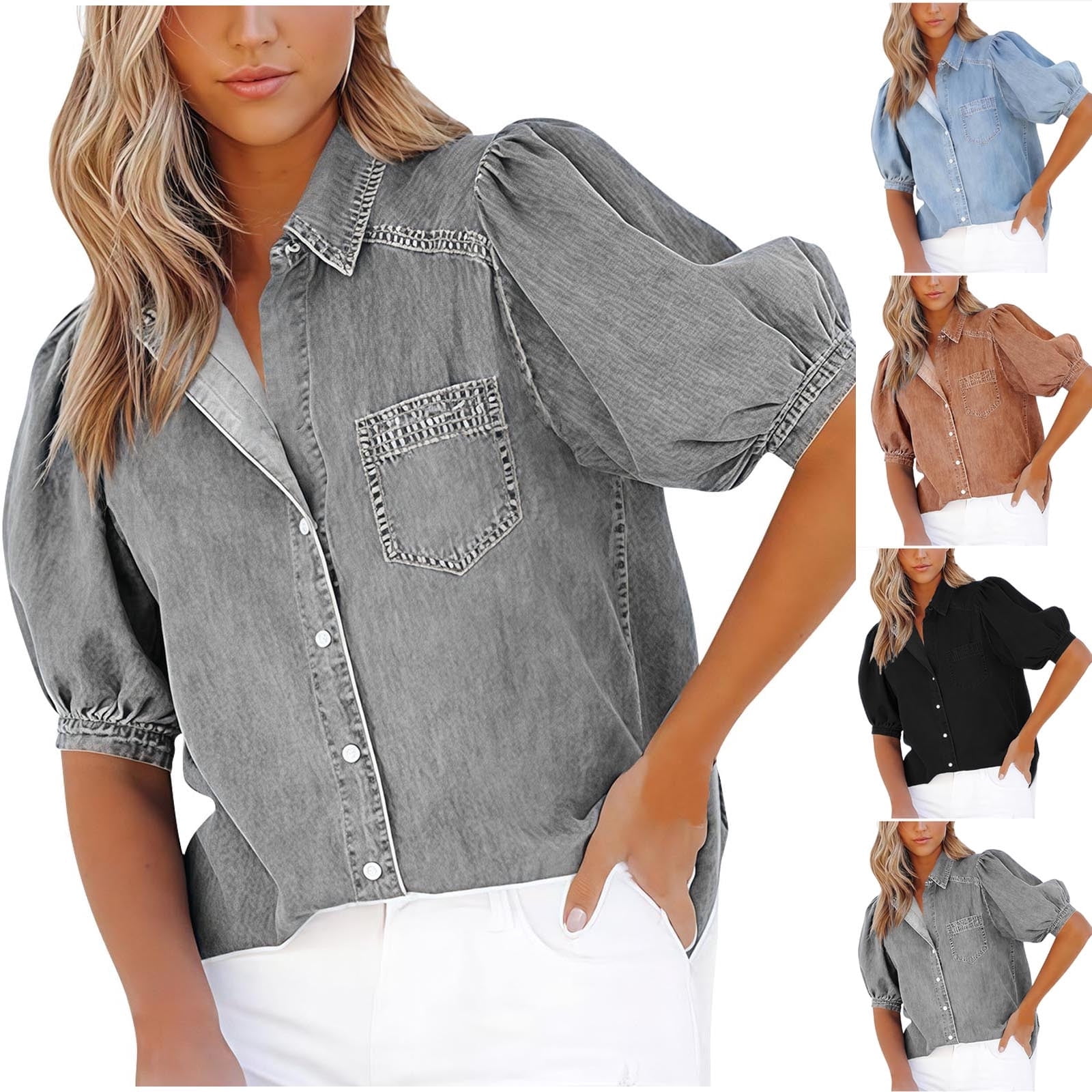 Purcolt Womens Button Down Faux Denim Shirts Casual Puff Sleeve V Neck ...