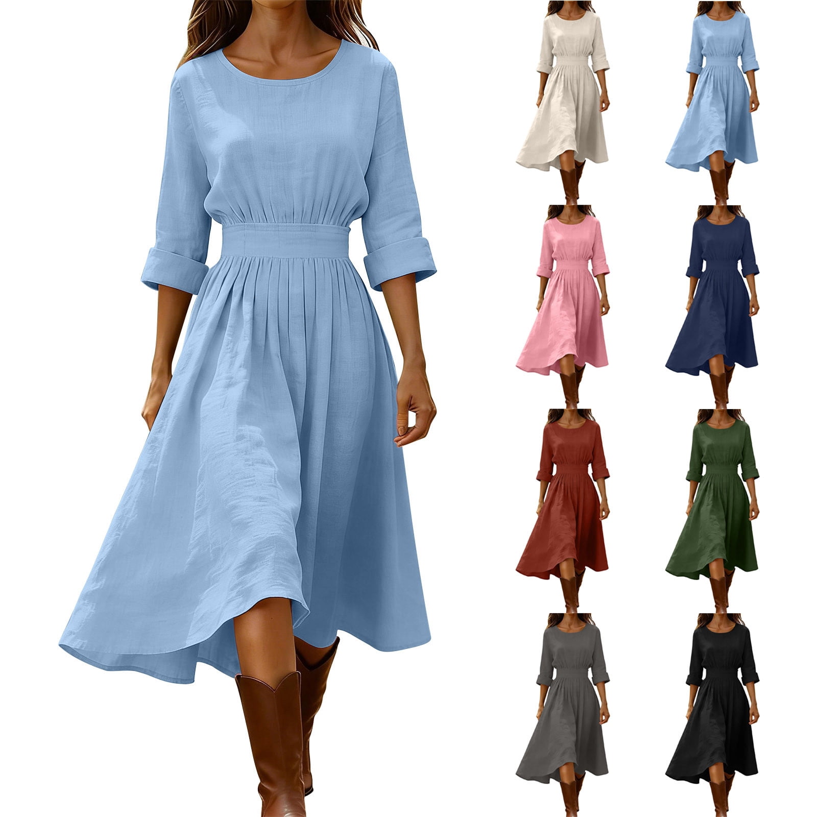 purcolt Womens Cotton Linen Midi Dress Trendy Casual Crew Neck Rolled ...
