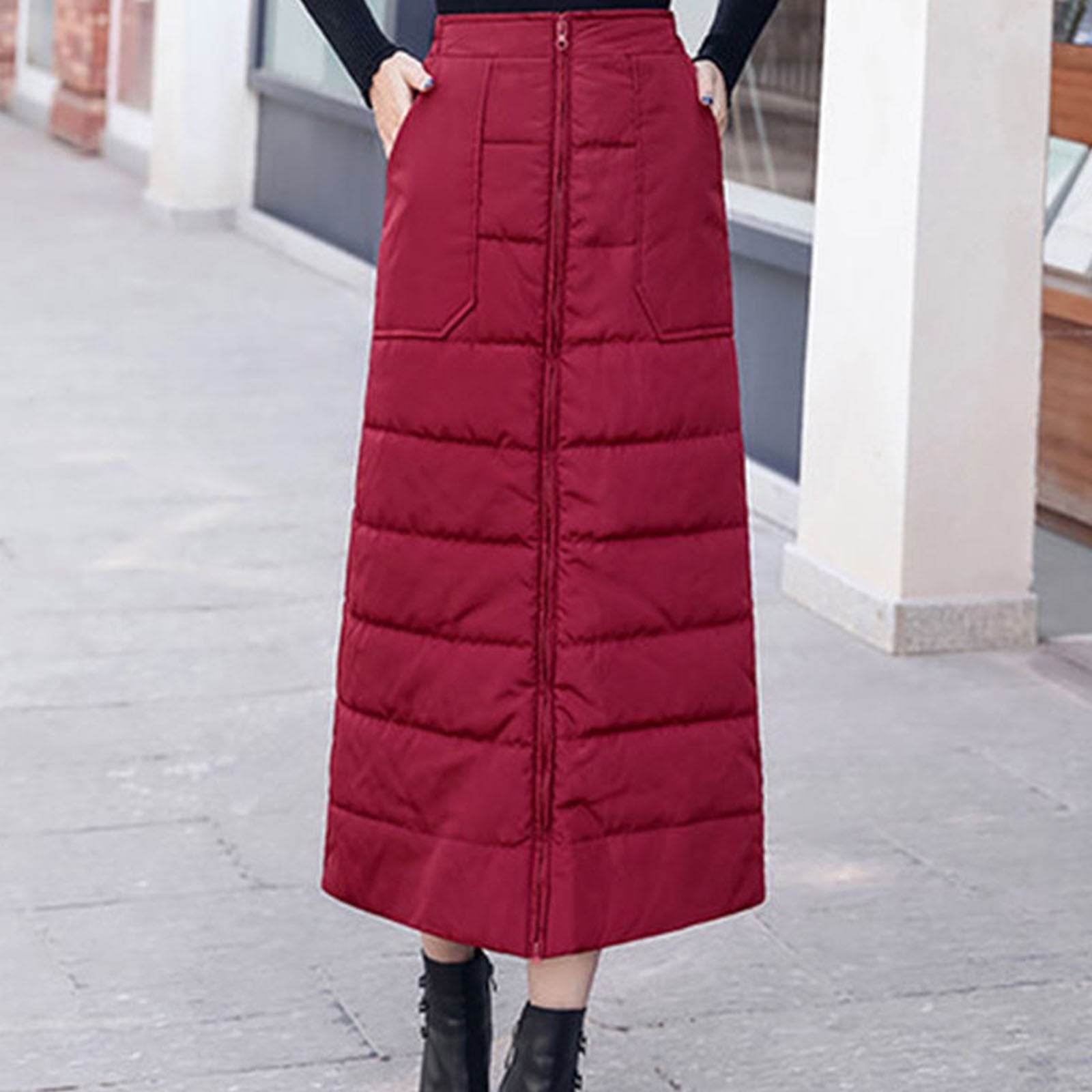 purcolt Womens Quilted Puffer Skirt Zipper Front Warm Padded Midi Skirt ...