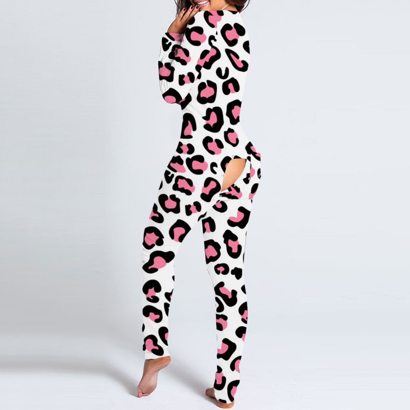 Purcolt Womens Sexy Print Onesies Butt Flap Pajamas Ladies Deep V Neck