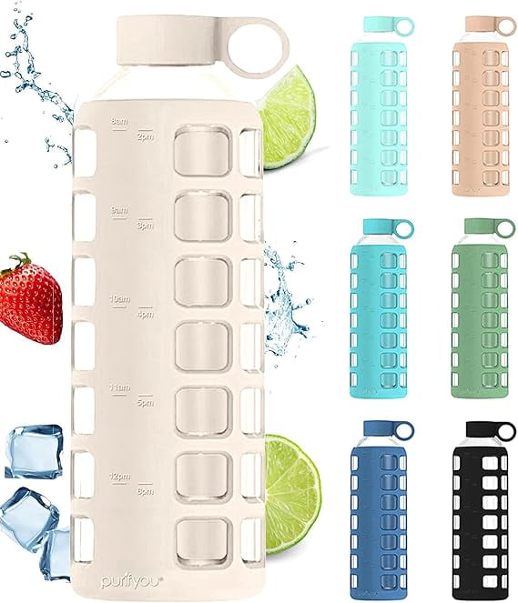 purifyou 40/32/22/12 oz Reusable Borosilicate Glass Water Bottles with ...