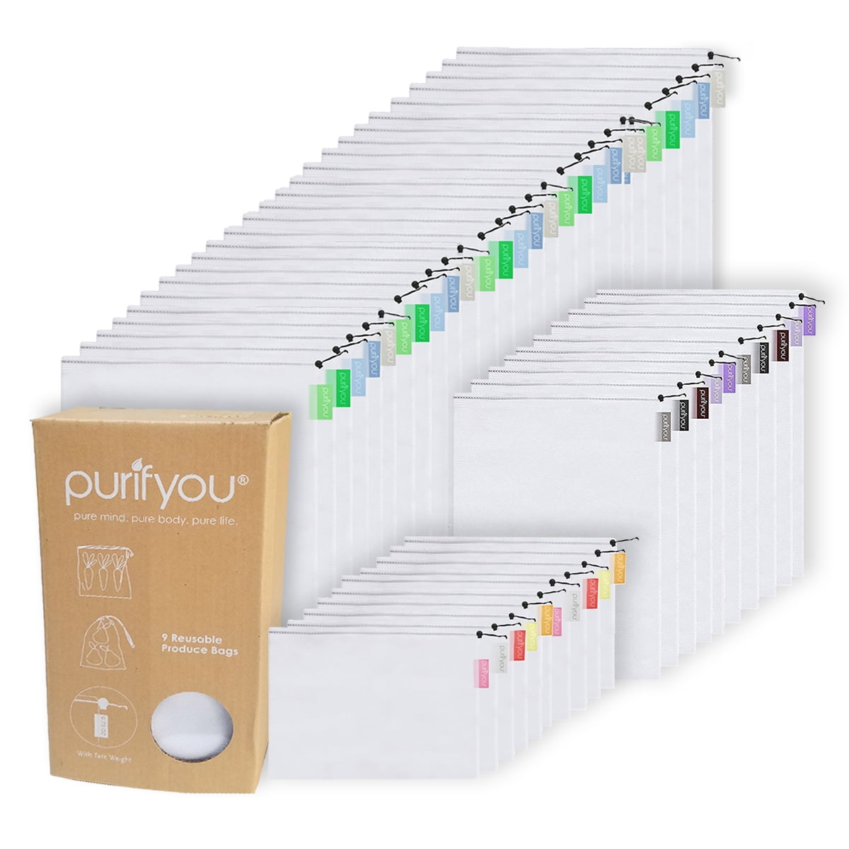 purifyou Premium Reusable Produce Bags - Set of 45 Various Sizes, Farmers Market Bags, Washable ...