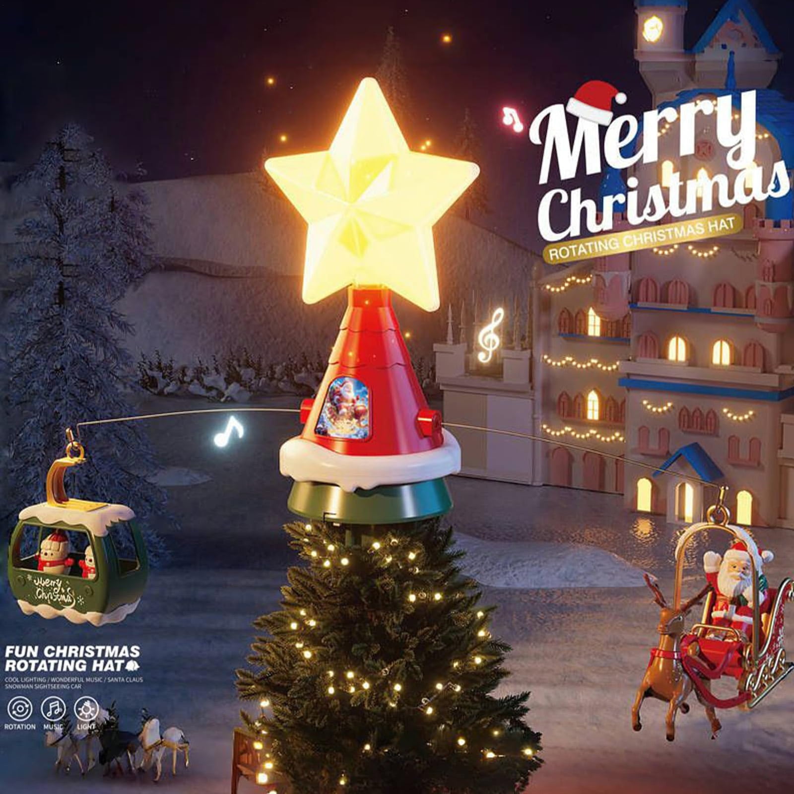 putnchl Christmas Xmas Music Light-up Star Tree Topper With Rotatable ...