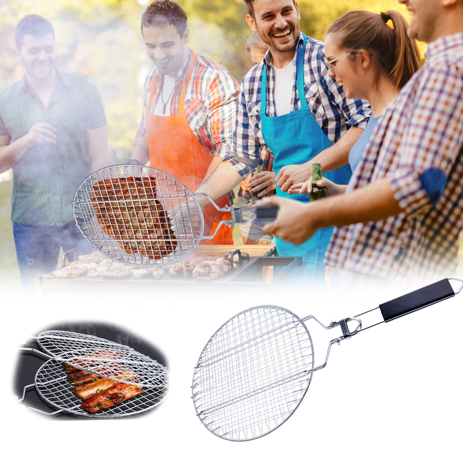 pvdgvd Stainless Steel Grill Basket, Outdoor BBQ Round Grill Basket ...