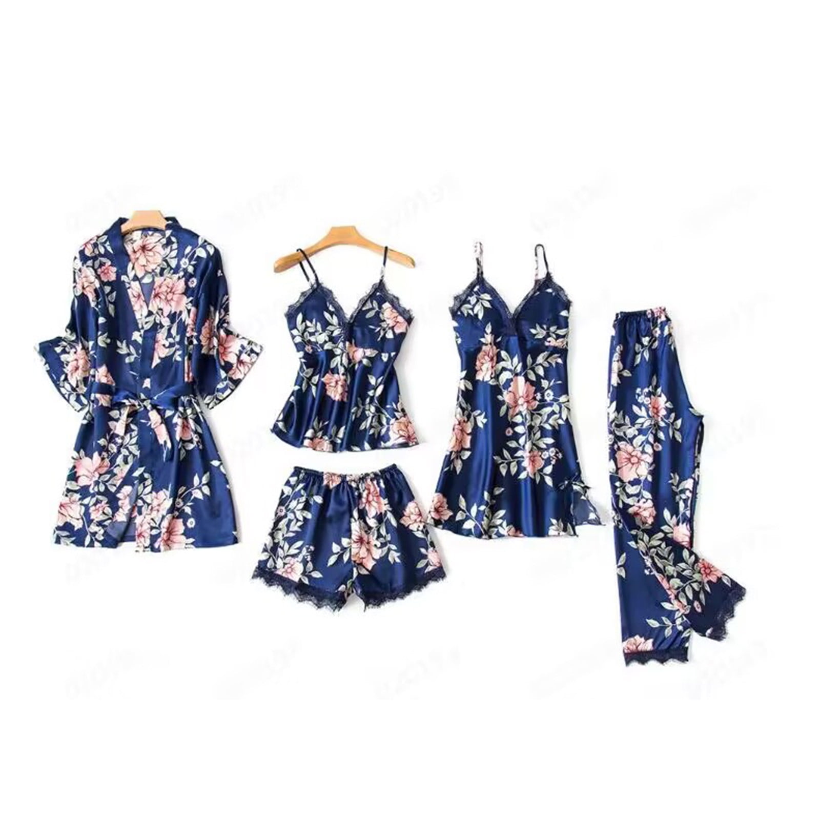 pwebopa Womens Pajama Sets 5PCS Silky Nightwear Vintage Floral Print ...
