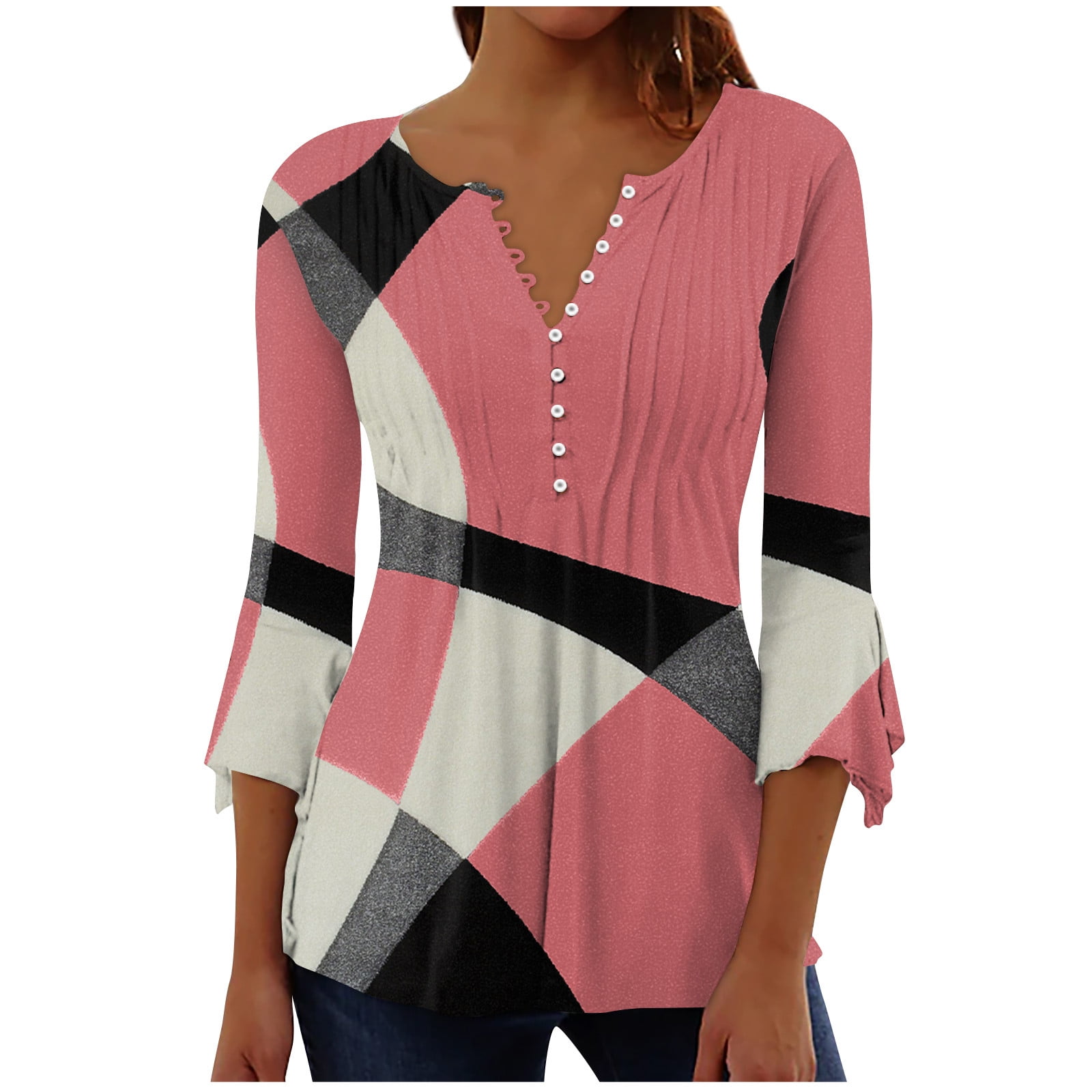 pwidon 4th of July Summer Tops for Women Women Henley Tops Buttons 3/4 Sleeve Blouses Flowy Hide ...