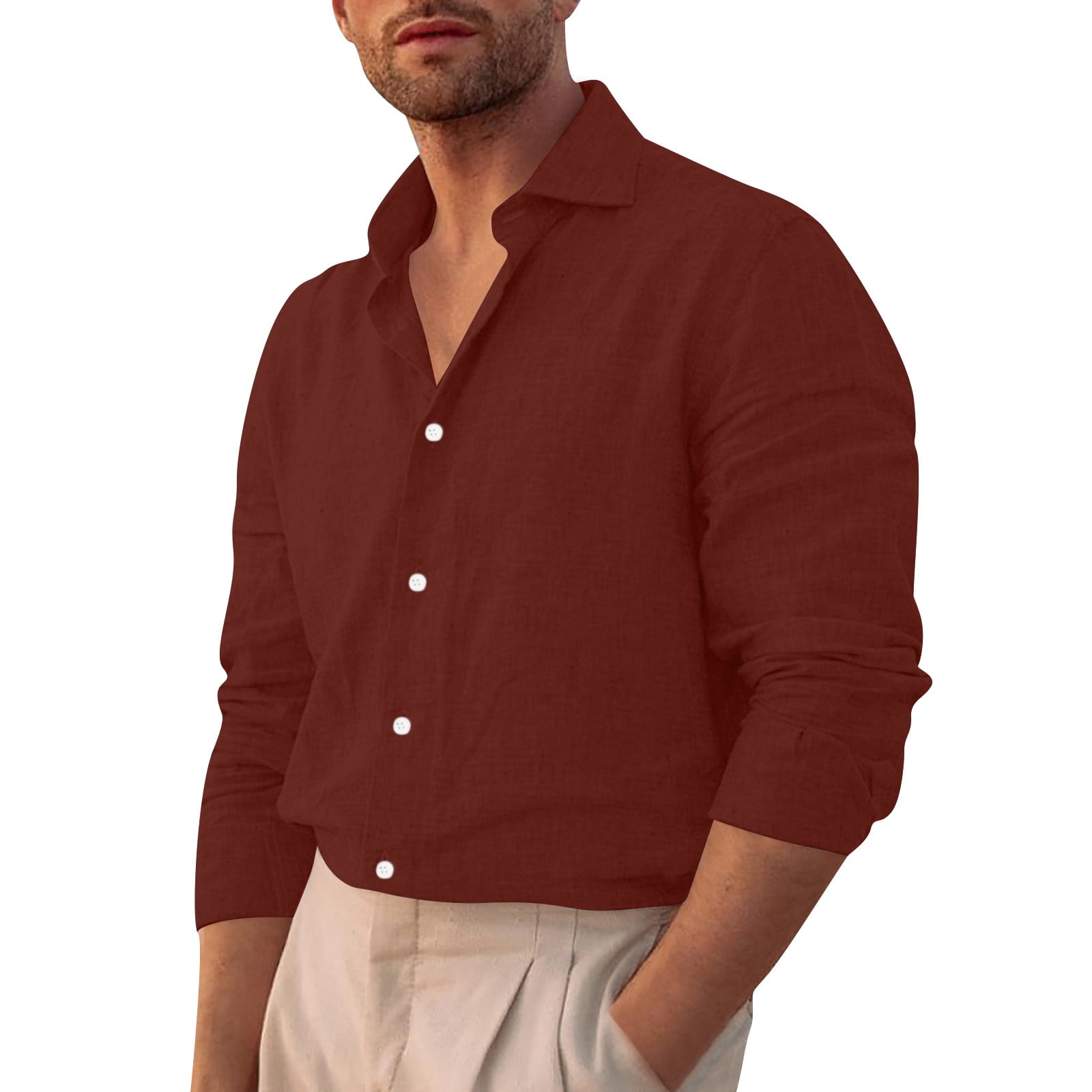 pwidon Button Down Shirt Men Wrinkle-Free Long Sleeve Shirt Solid Color ...