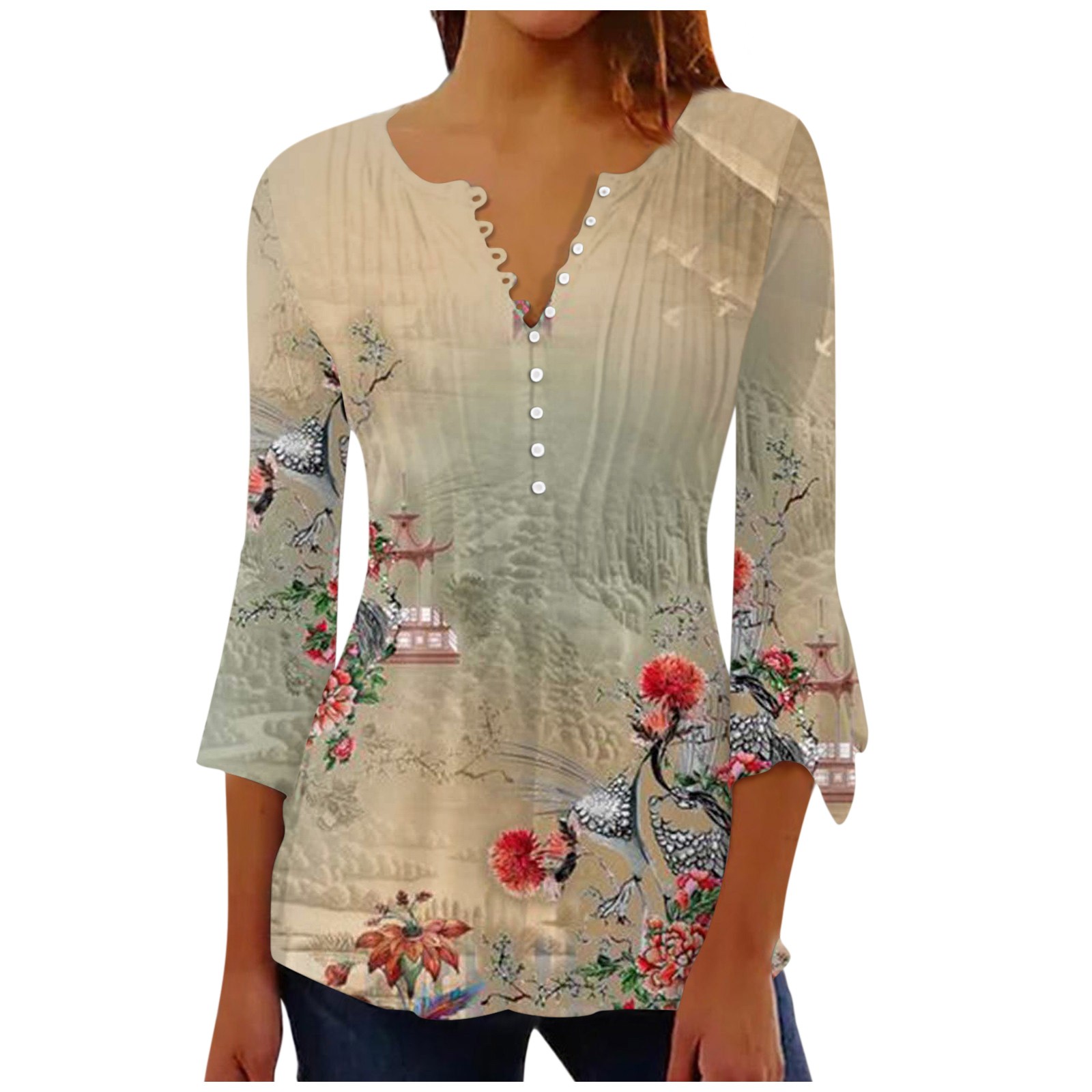 pwidon Womens Tops Hide Belly Tunic Womens Fashion Floral Printing ...