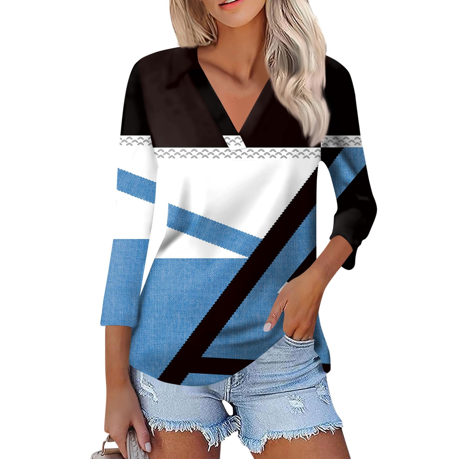 pwidon Womens Tunic Tops 3/4 Sleeve V-Neck Collared Tee Shirts Summer ...