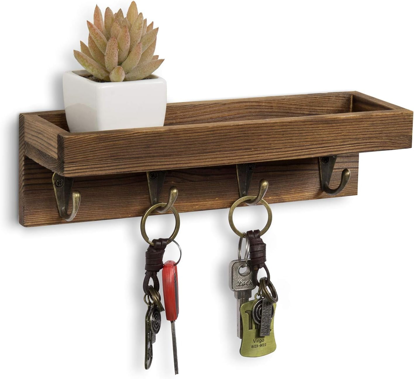 bsyrew 10 Inch Floating Wall Shelf with Hooks Dark Brown Wood Entryway ...