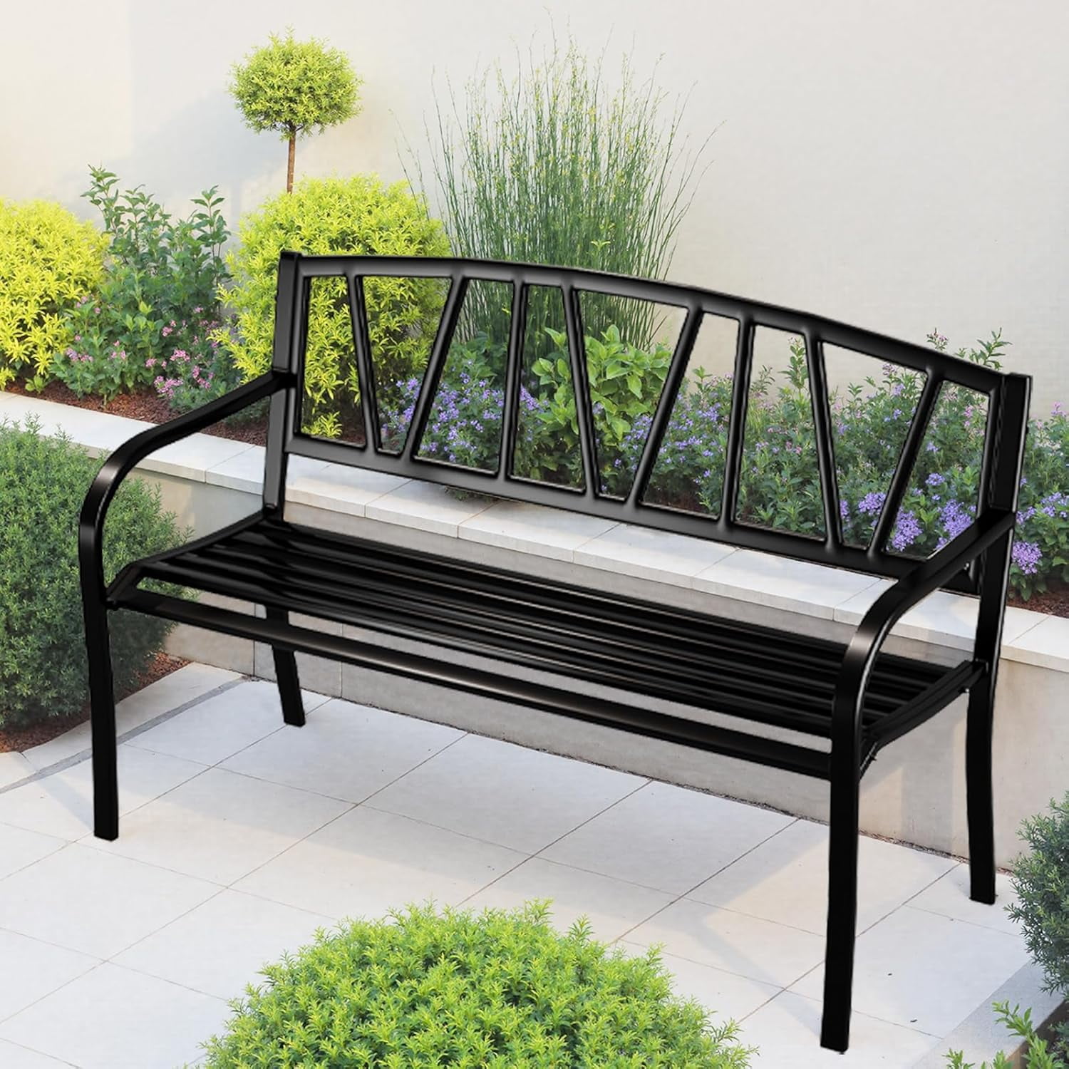 q 50" Outdoor Bench, Metal Garden Bench, Patio Park Bench with Backrest ...
