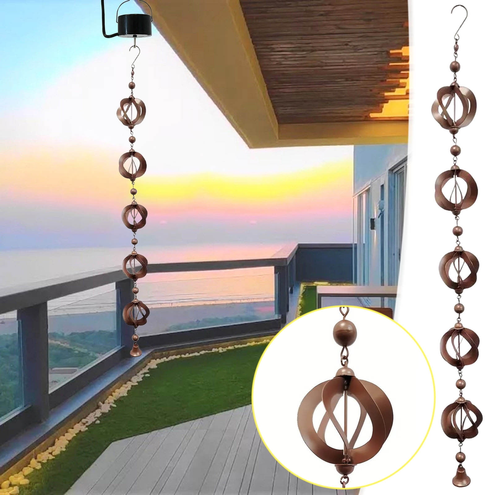 qILAKOG Rotating Rain Chain Wind Chime, 42.5 inch Garden Ironwork ...