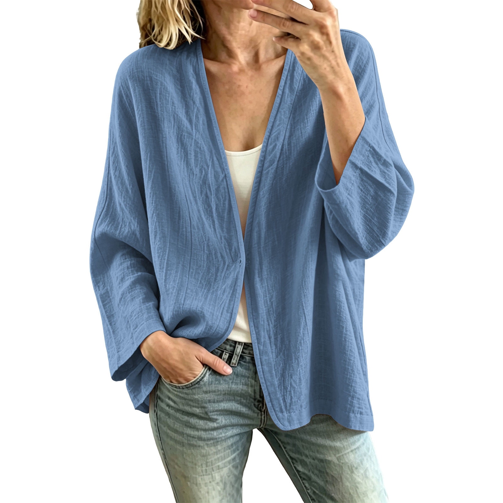 qafoshin Linen Cardigan for Women Lightweight V Neck Open Front Cover ...