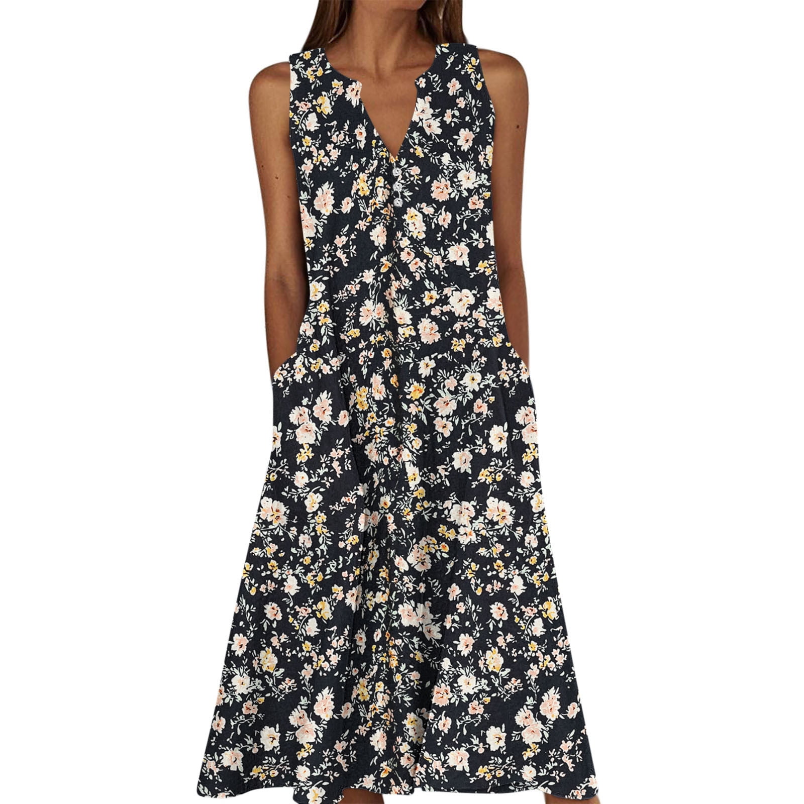 qafoshin Summer Dress for Women V-neck Sleeveless Midi Dress Casual ...