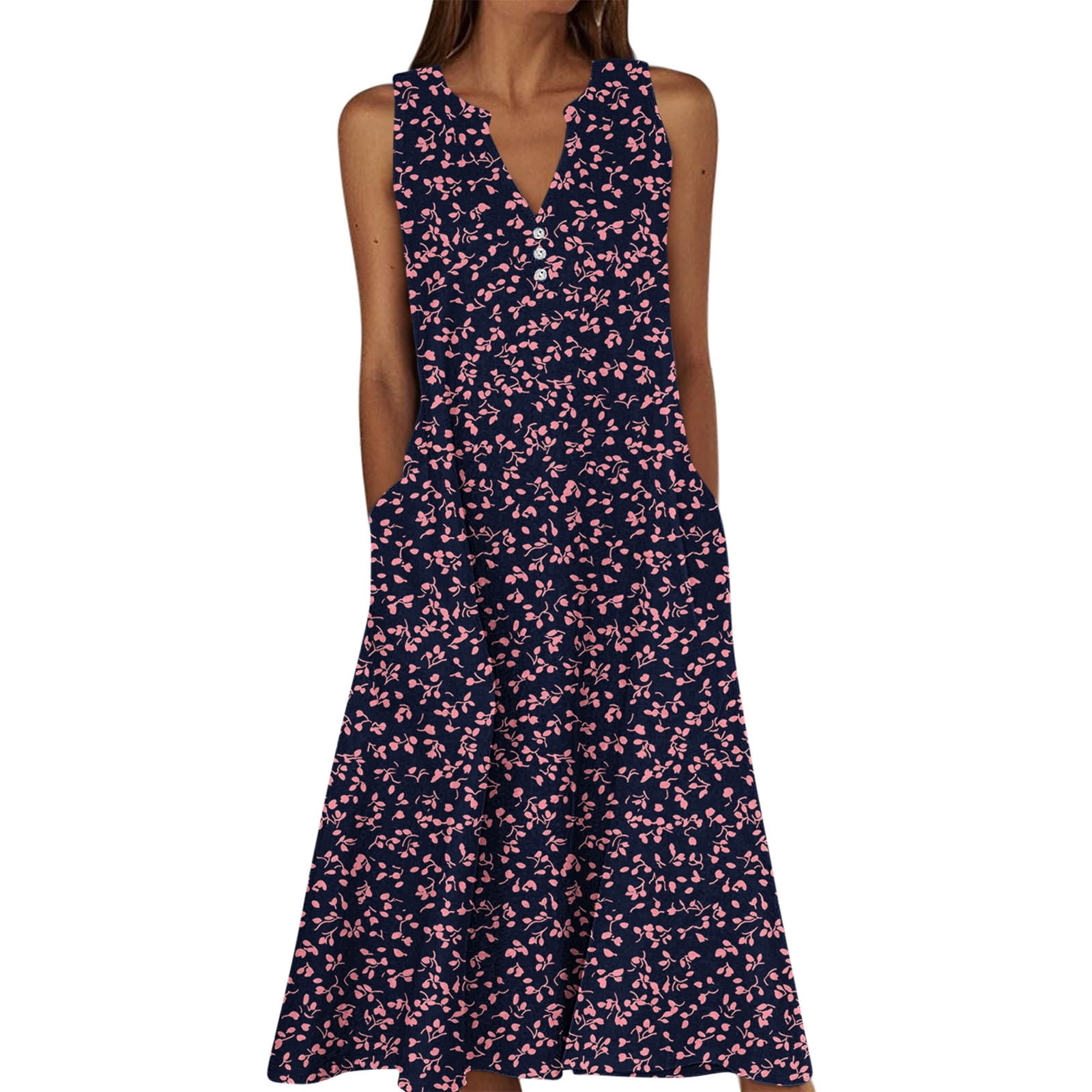 qafoshin Summer Dress for Women V-neck Sleeveless Midi Dress Casual ...