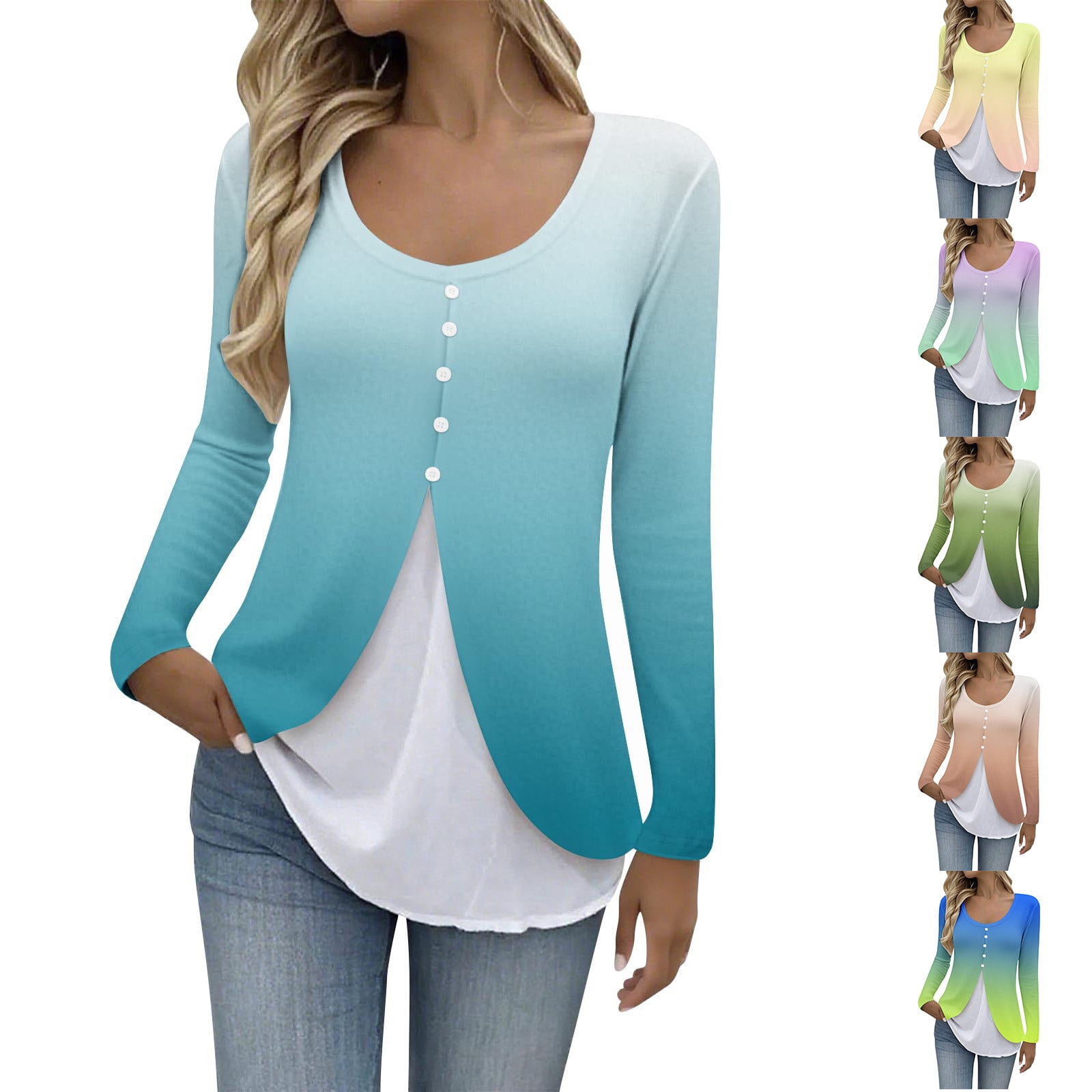 qafoshin Womens Plus Size Tops Button Crew Neck Long Sleeve Shirts Slit ...