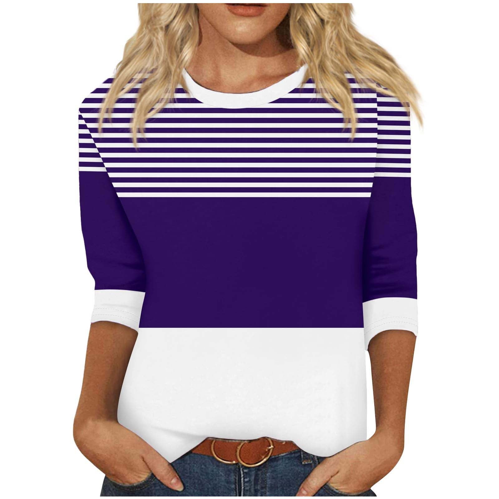 qafoshin Womens Tops Loose Round Neck 3/4 Sleeve Shirts Color Block ...