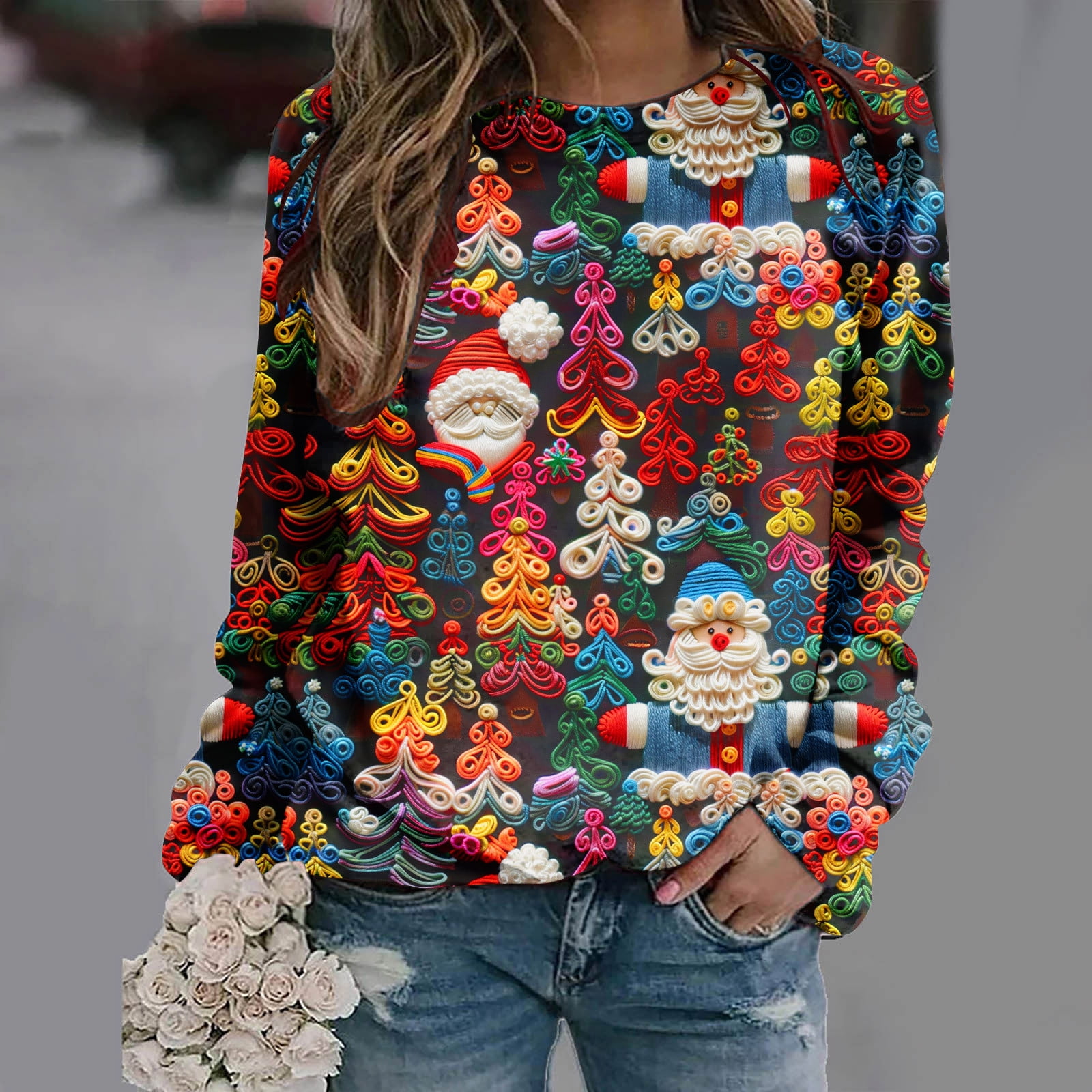qelini Christmas Sweatshirt Plus Size Women Fall Winter Santa Print ...