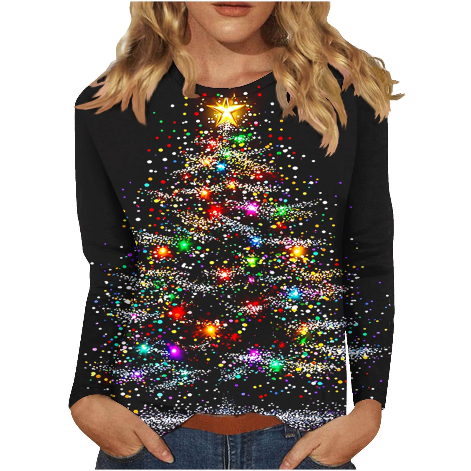 qelini Christmas Tops for Women Xmas Tree Print Crewneck Pullover Long ...