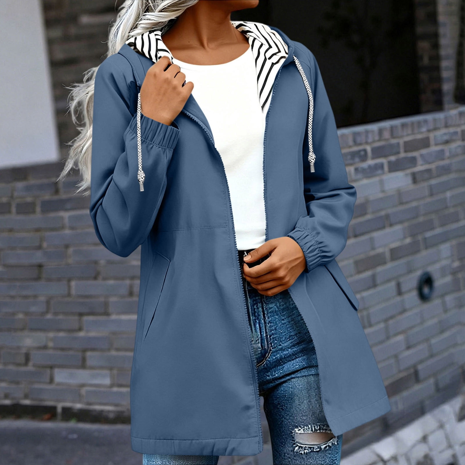 qelini Rain Coats Women Waterproof Plus Size Long Sleeve Zipper Hoodie ...