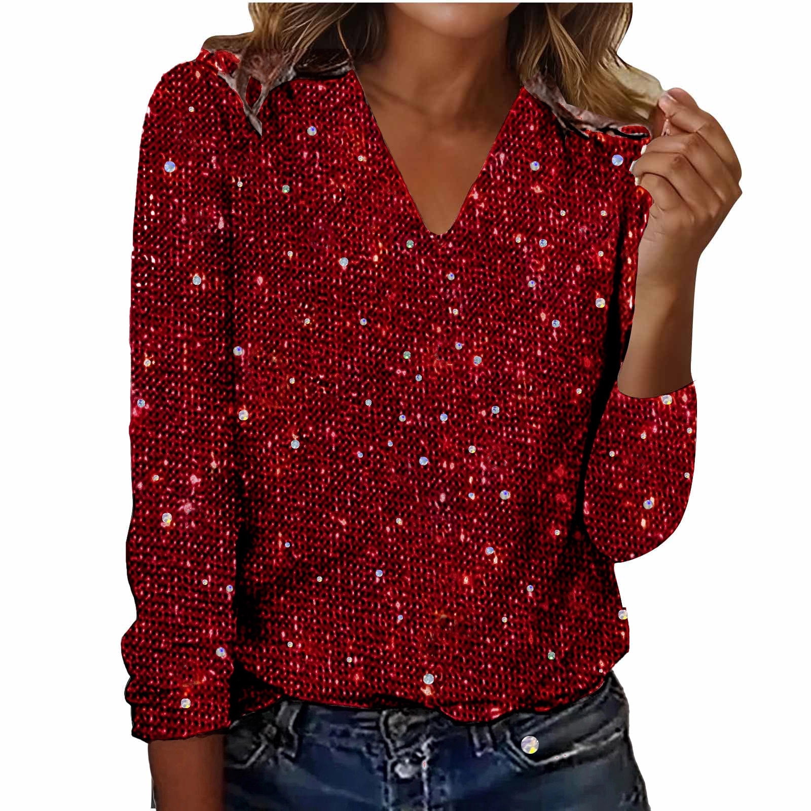 qelini Sequin Shirts for Women Long Sleeve Basic Pullover Tops Bling ...