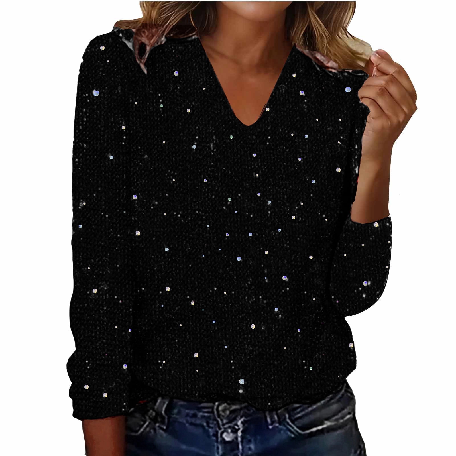 qelini Sequin Shirts for Women Long Sleeve Basic Pullover Tops Bling ...