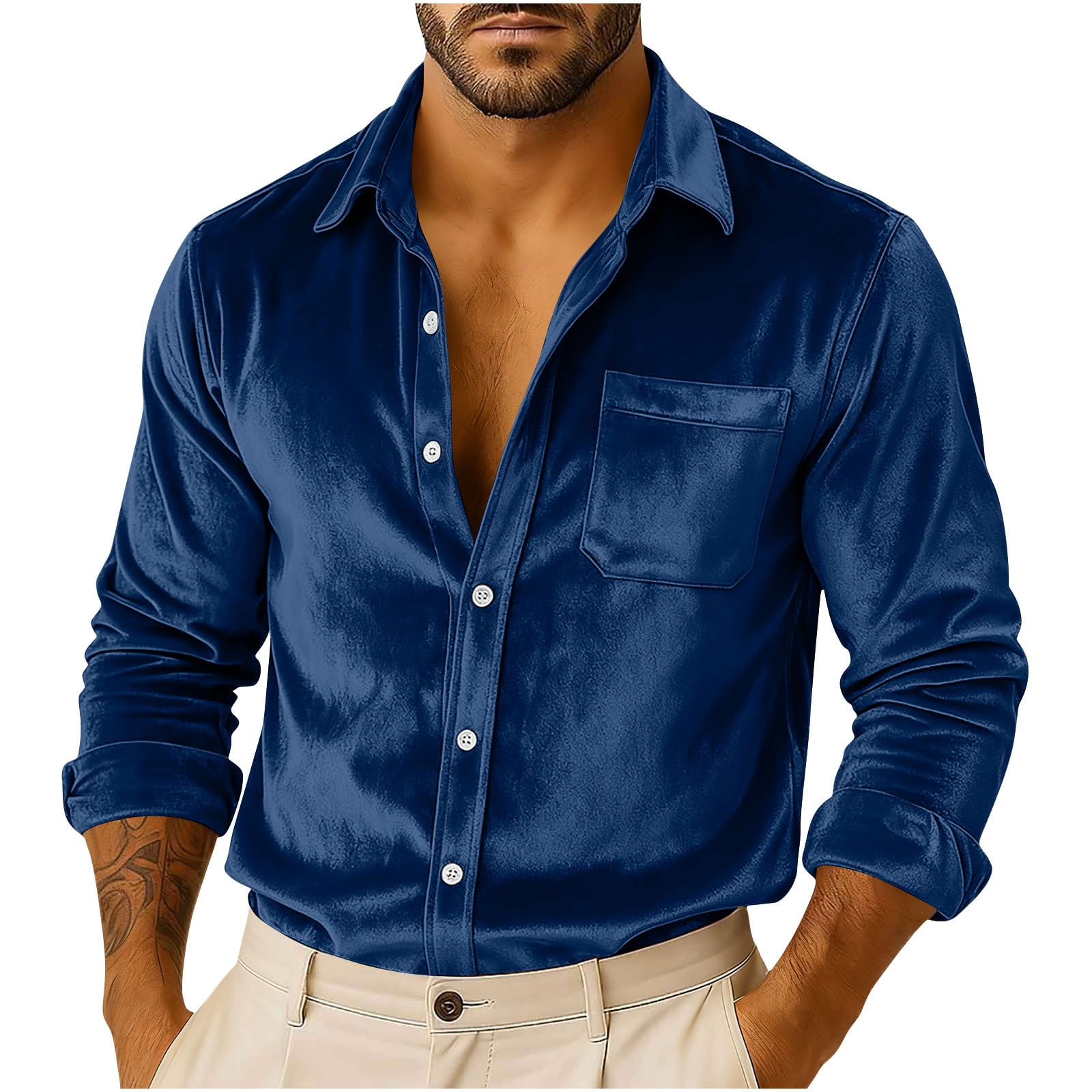 qelini Velvet Shirts for Men Long Sleeve Tops Basic Tee Solid Lapel ...