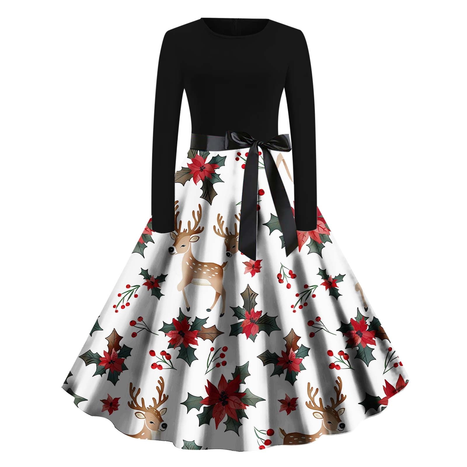 qelini Women's 1950s Vintage Dress Christmas Round Neck Long Sleeve ...