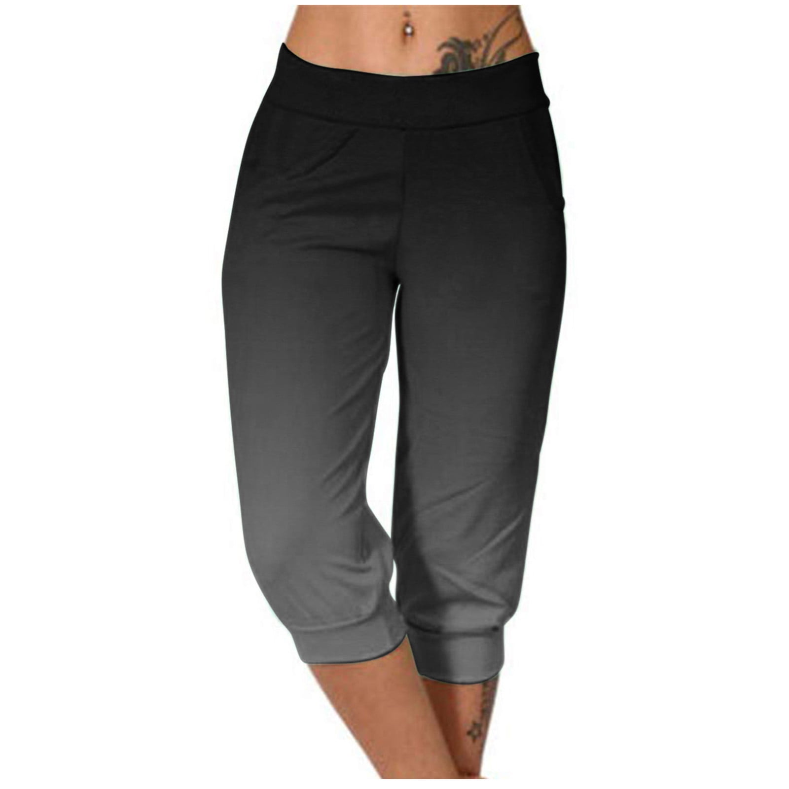 qelini Womens Capris Pull on Pants Basic Edition Plus Size Summer Gathering Gradient Printing ...