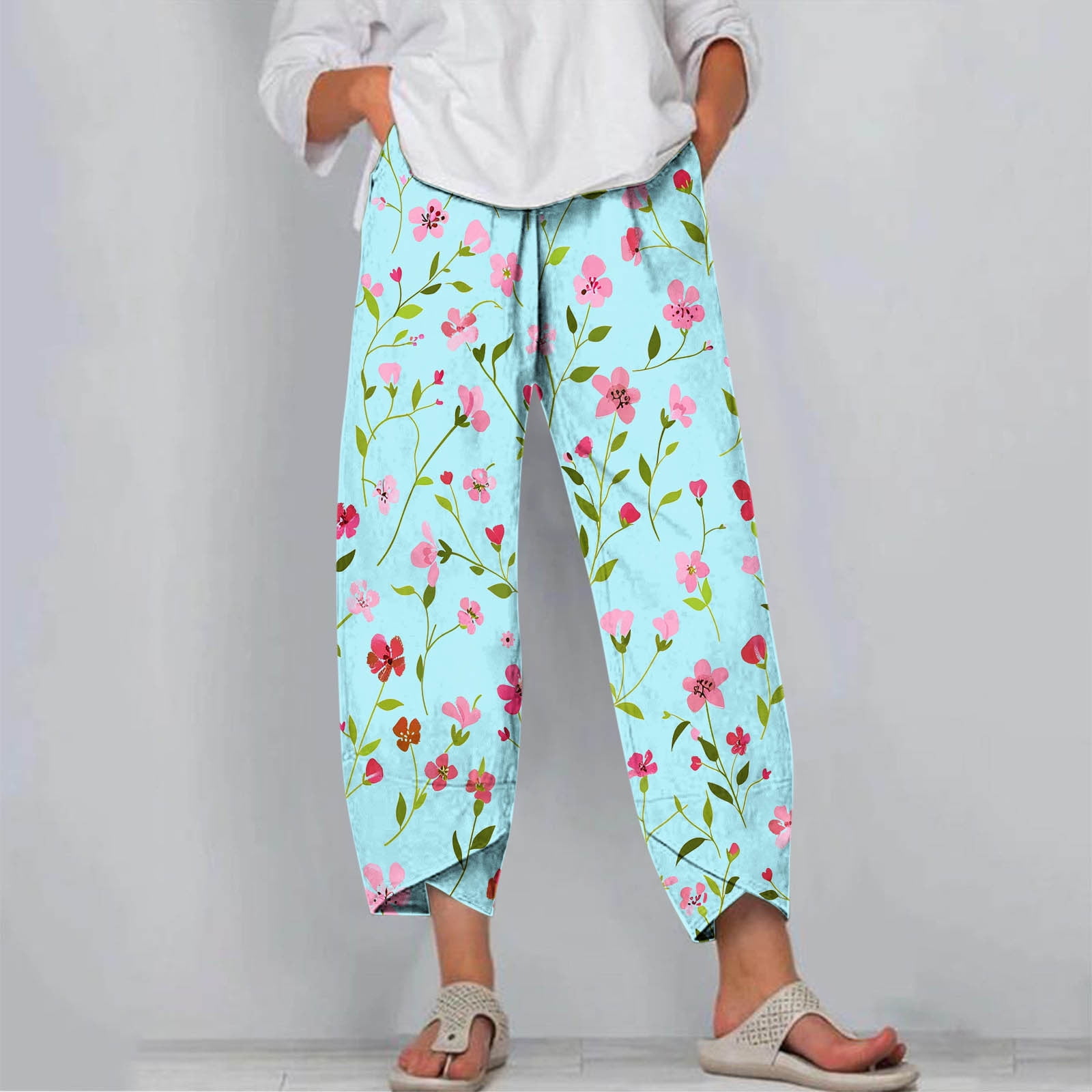 qelini Womens Capris Pull on Pants Basic Edition front Pockets Summer ...